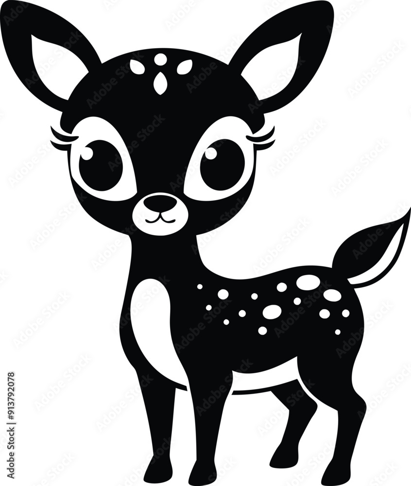 2D Cute Adorable Baby Deer Black and White Silhouette Vector on White ...