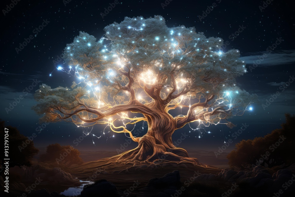 Magical tree illuminated with fairy lights under starry night sky ...