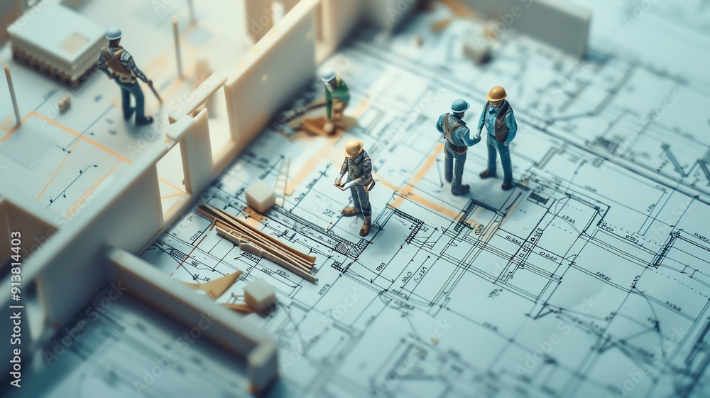 Miniature construction workers on architectural blueprints, house model ...