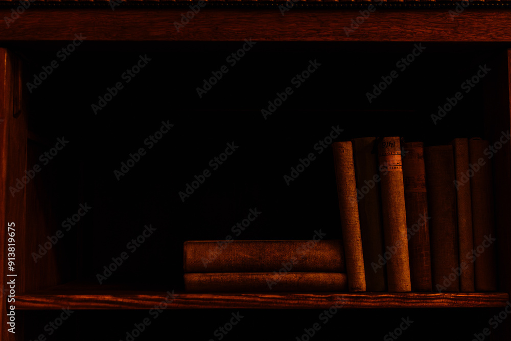 Ancient books lying on a dark shady shelf in an old classic mansion ...