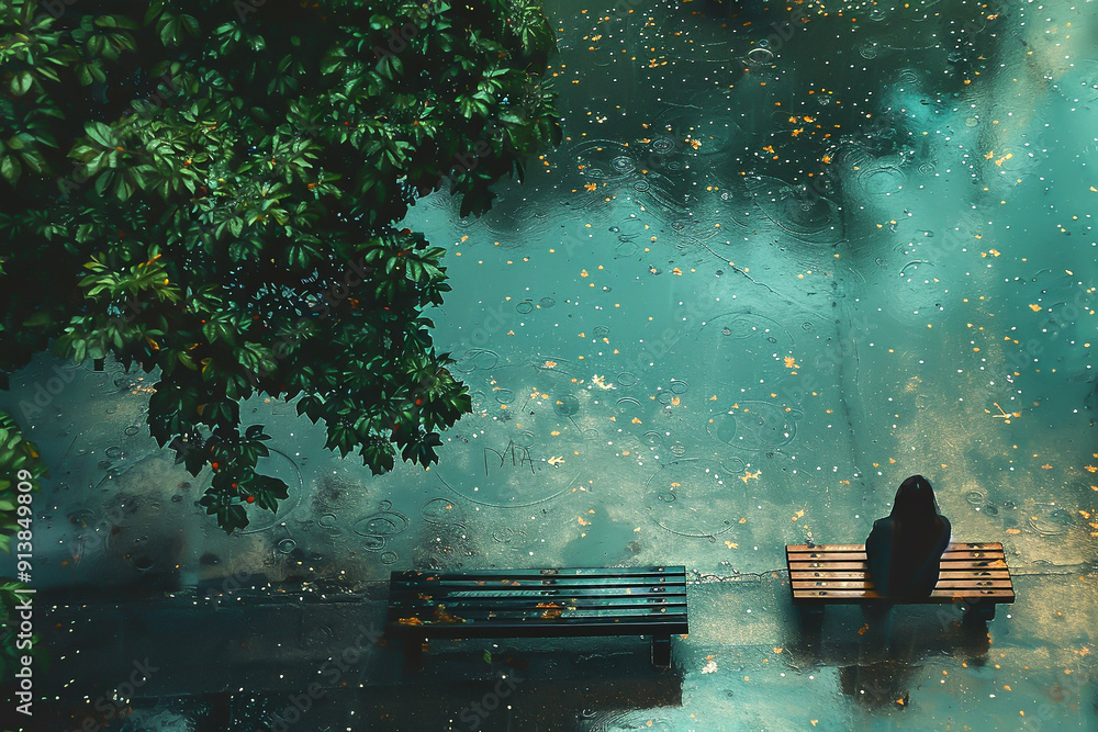 Person sitting alone on a park bench in the rain, loneliness theme, top ...