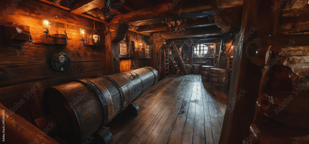 Inside a Rustic Pirate Ship's Interior With Wooden Barrels and Lanterns ...