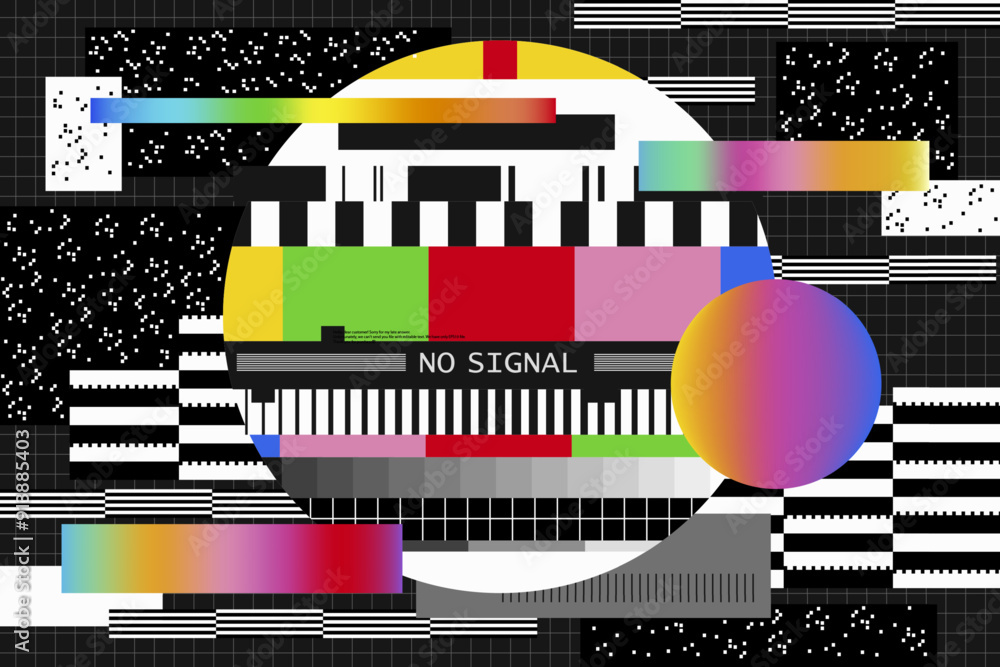 No signal banner or retro tv background with pixel glitch. Vintage ...