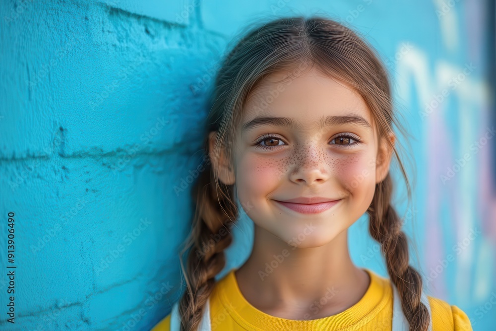 joyful schoolgirls portrait radiant smile against azure background ...