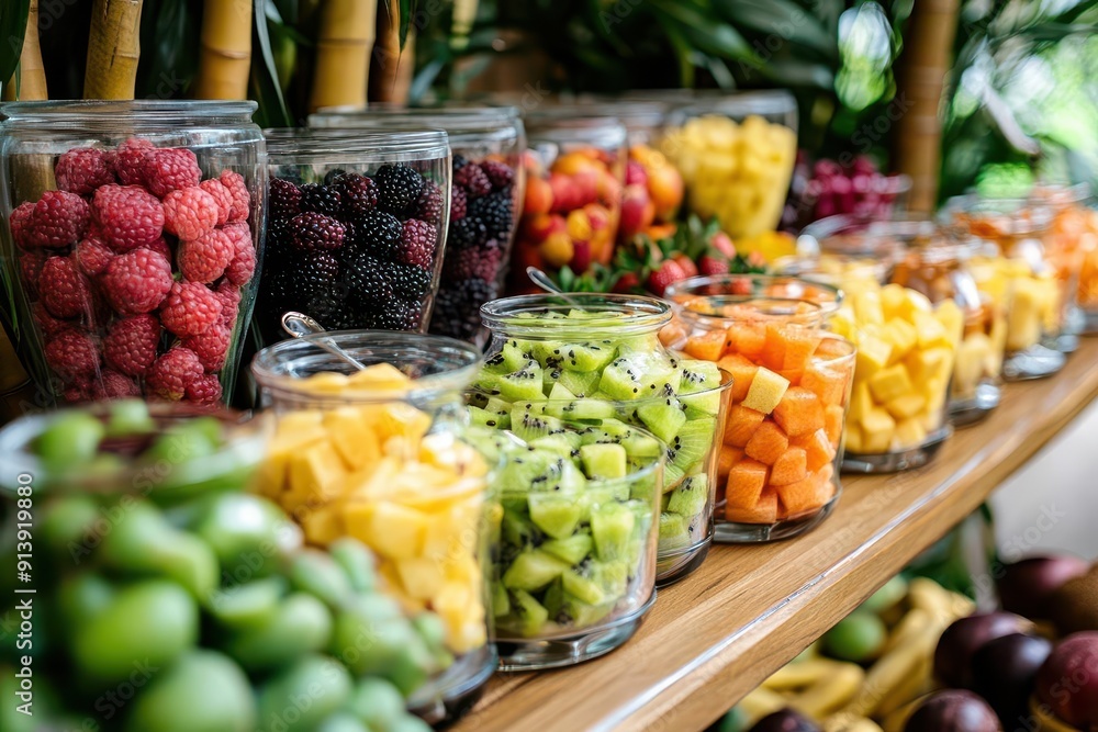 opulent tropical smoothie bar with exotic fruits artfully arranged ...