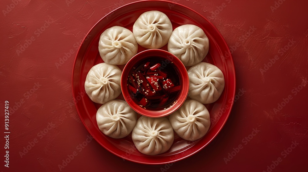Стокове фото Steamed pork bao dumplings served on a red plate with ...