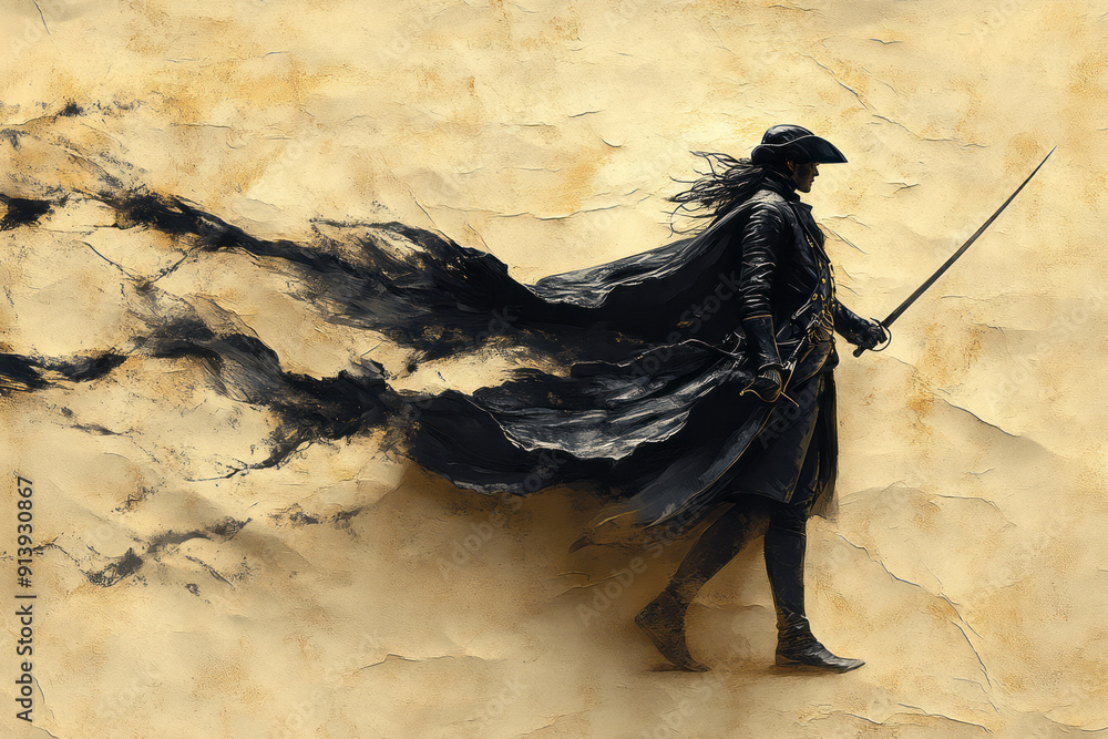 Minimalist illustration of a musketeer silhouette, with flowing cape ...