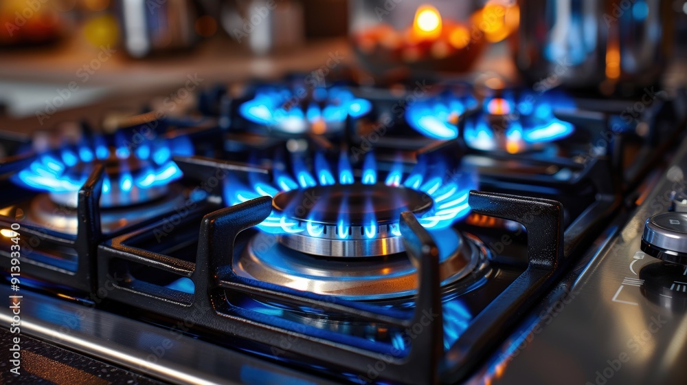 Close-up view of a gas stovetop burner with blue flames ignited ...