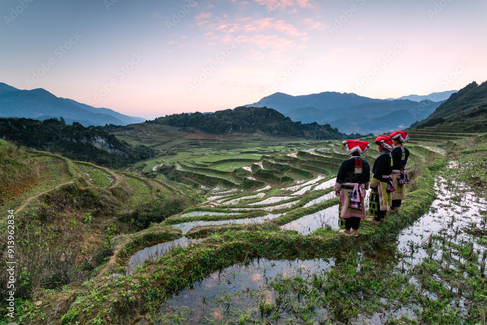 Women wearing traditional clothes from Red Dao tribe at the rice field ...