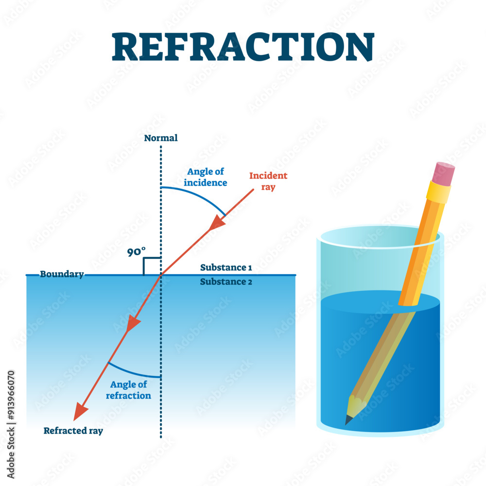 Refraction example illustration diagram, transparent background. Light ...