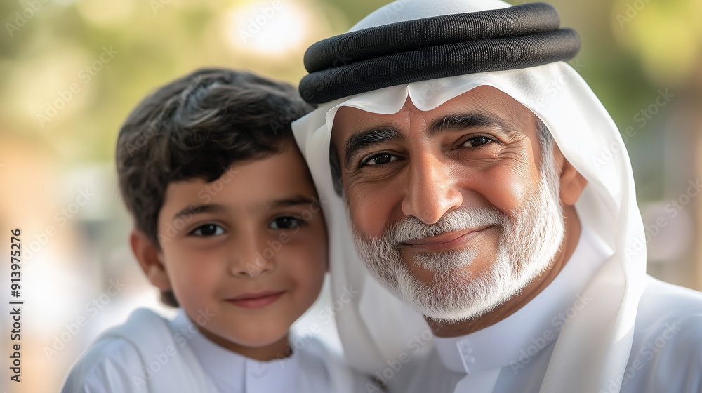 Aged Emirati with family grandkid. Old Grandfather wearing UAE kandura ...