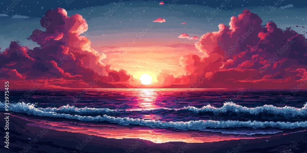 Dreamy Ocean Sunset Pixel Art: 4K Anime-Inspired Wallpaper with Pink ...