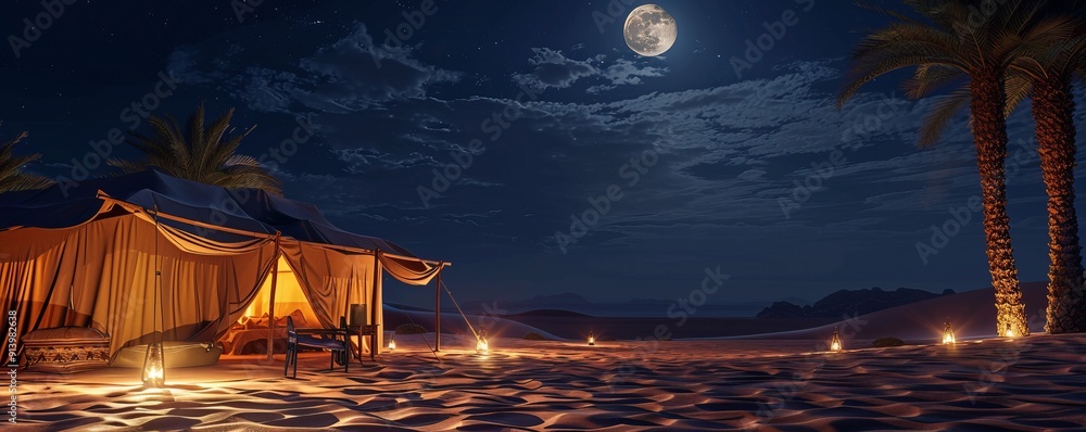 Desert oasis at night with a traditional Bedouin tent illuminated by ...
