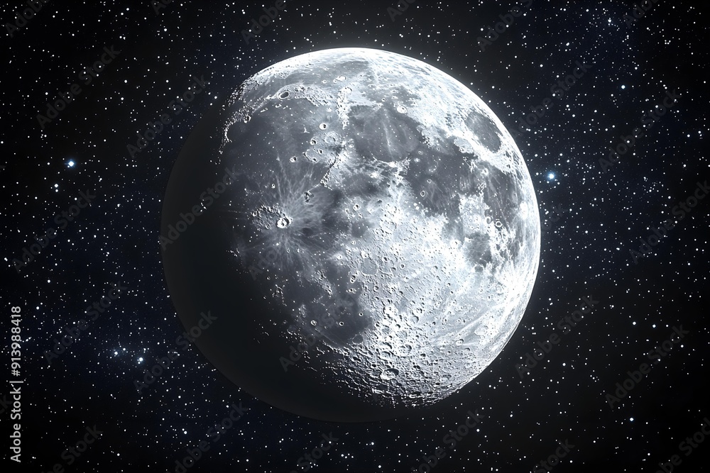 Magical view realistic grey surfaced moon in deep outer space with ...