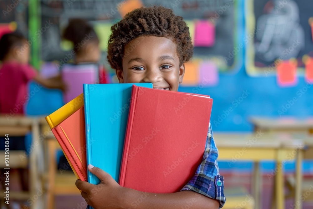 Primary student grinning while hugging colorful books class. Smiling ...
