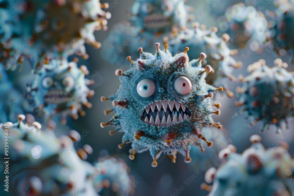 Microscopic anthropomorphic virus exaggerated angry face. Cartoon virus ...
