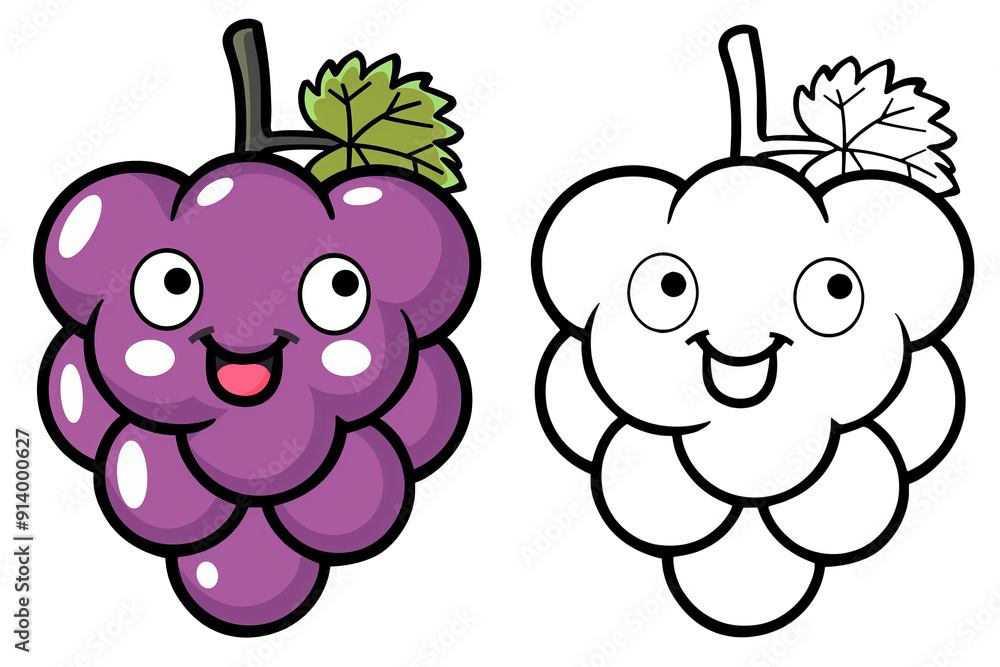 Cartoon fruits, funny drawn grape with contour lines isolated on a ...
