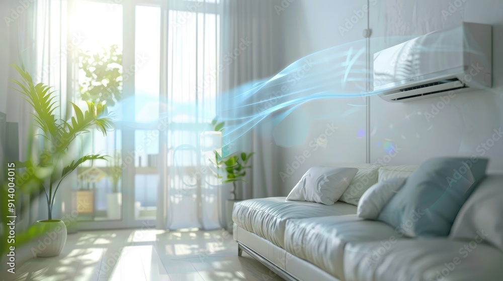 Modern living room with an air conditioner on the wall, emitting cool ...