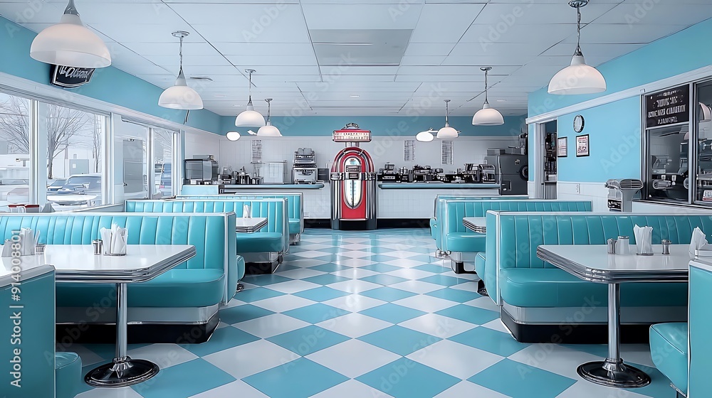 Classic diner scene with vintage jukebox and retro booths, [classic ...