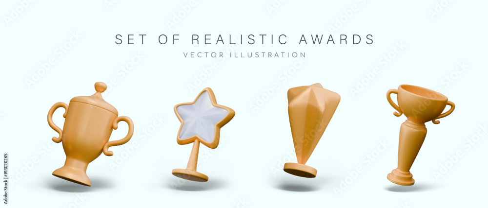 Set of 3D golden awards in tilted position. Design templates with ...