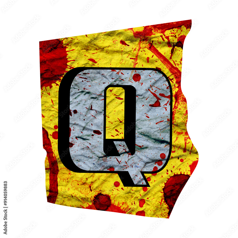 Cut out ransom alphabetic letter with blood splashes and crumpled paper ...