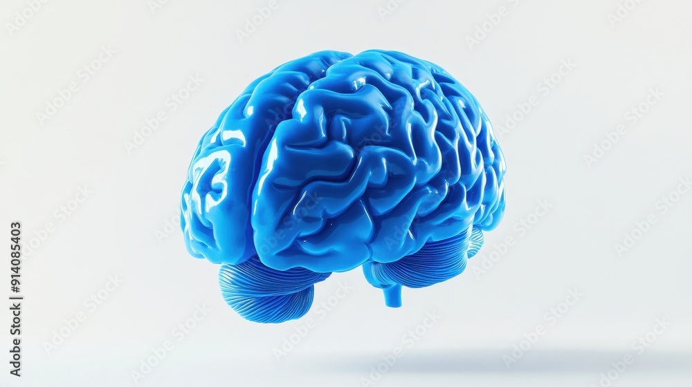 Blue human brain anatomical model in a 3D illustration, floating on a ...