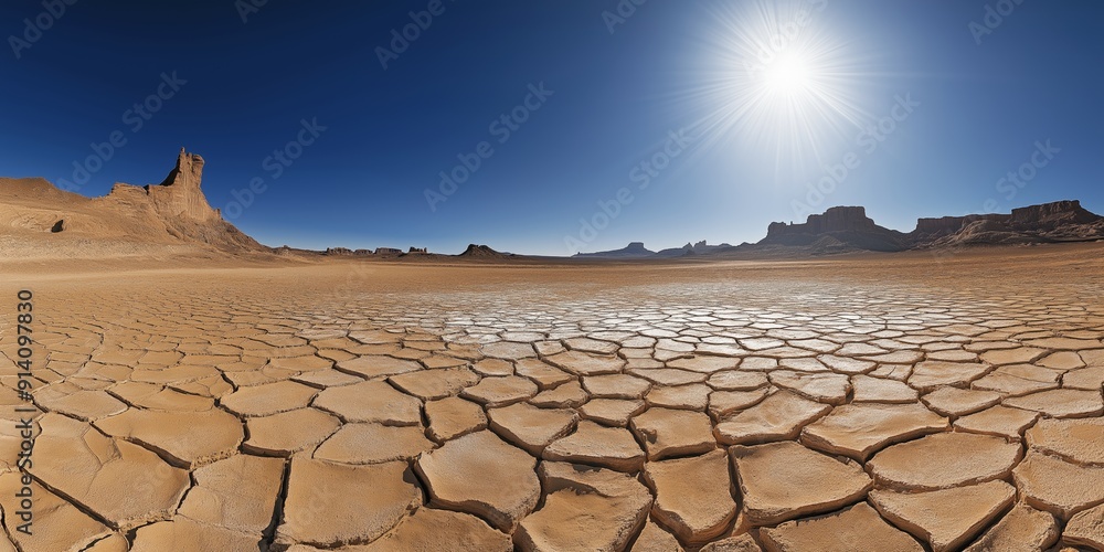 Parched desert landscape, cracked earth, dry climate, intense sunlight ...