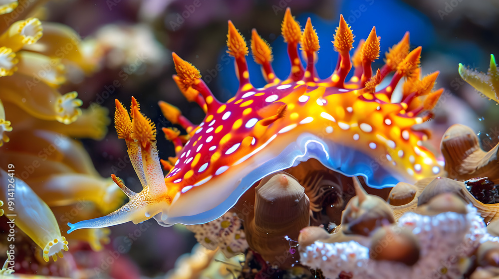Colorful sea slug with vibrant hues crawls gracefully across a ...