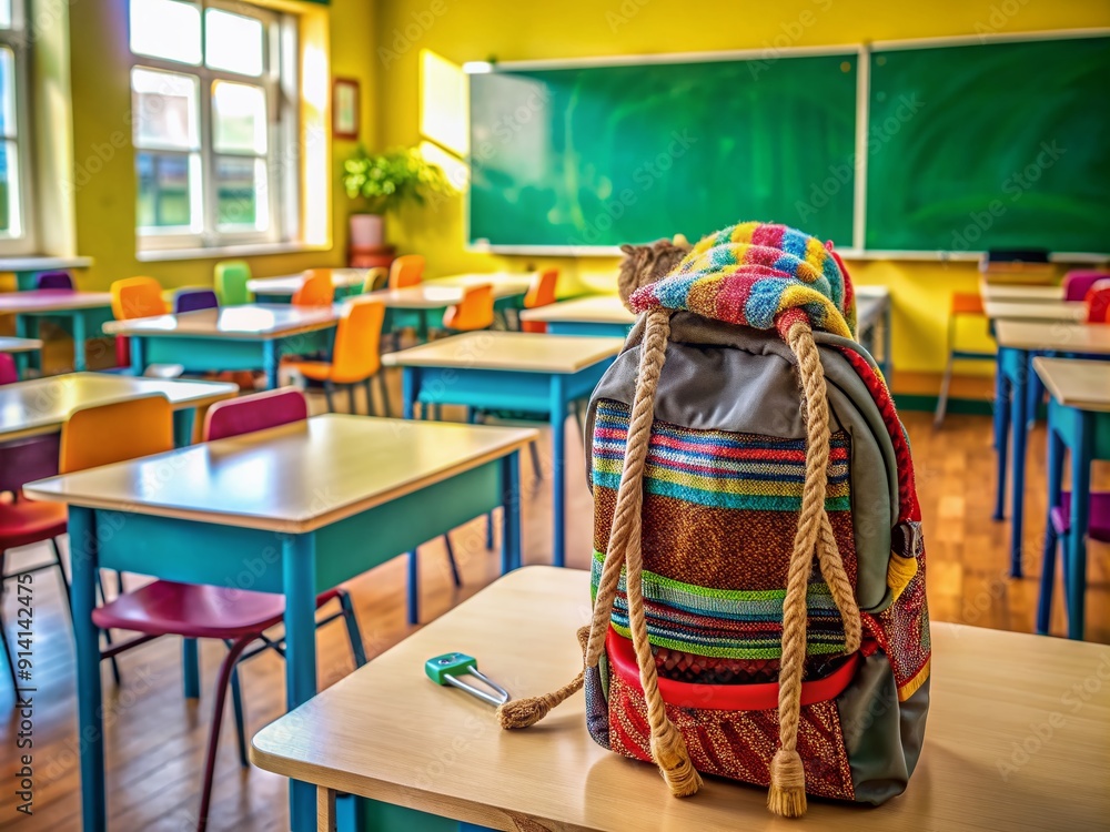 Vibrant elementary school classroom with empty desks, colorful walls ... Vibrant elementary school classroom with empty desks, colorful walls ...