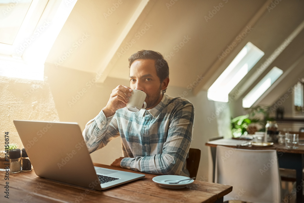Man, remote work and drinking in restaurant at laptop for contact ...