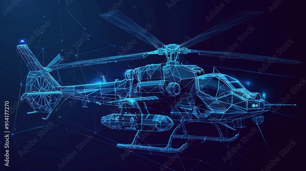 Combat helicopter in modern futuristic style with dark blue and lights ...