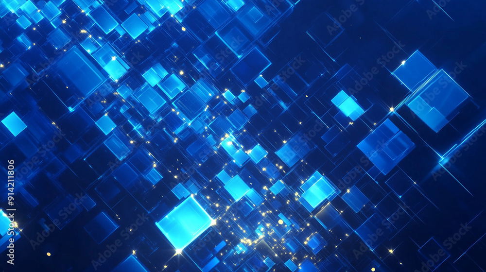 Abstract blue background featuring glowing digital squares ...