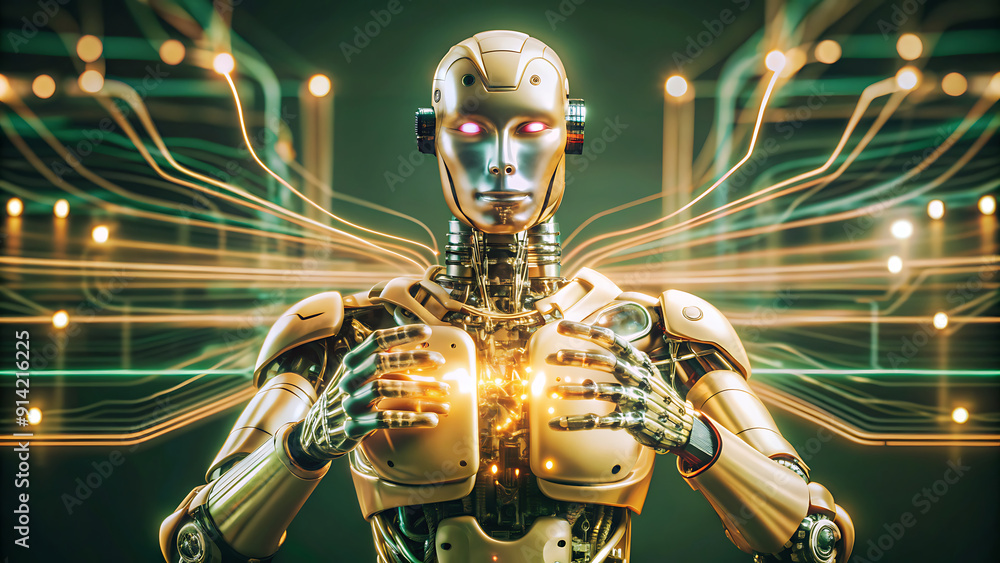 A robot with a humanoid appearance, with visible circuits in conflict ...