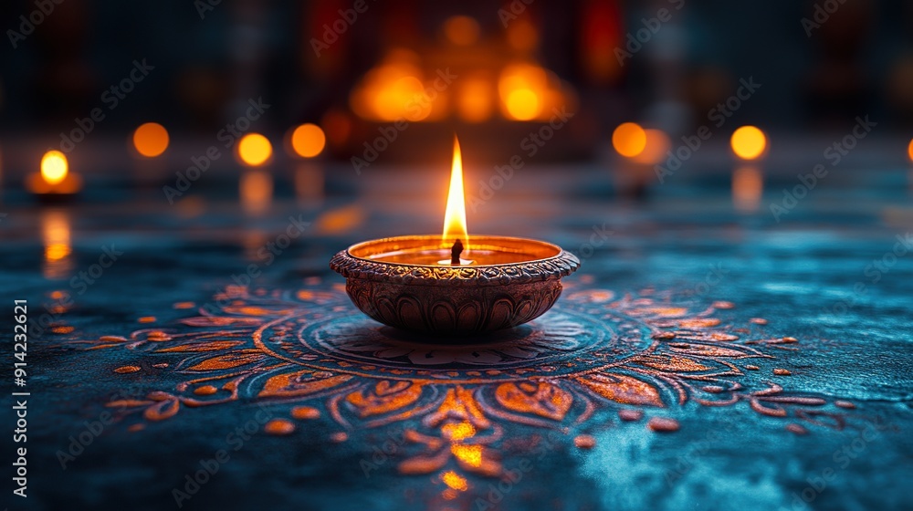 A close-up of a diya placed in front of a rangoli design Stock ...