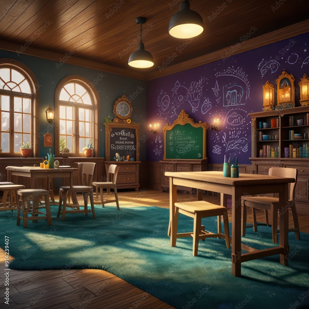 Design a scene inside a magical school, with cartoon students ...