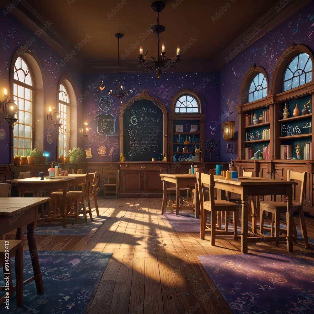 Design a scene inside a magical school, with cartoon students ...