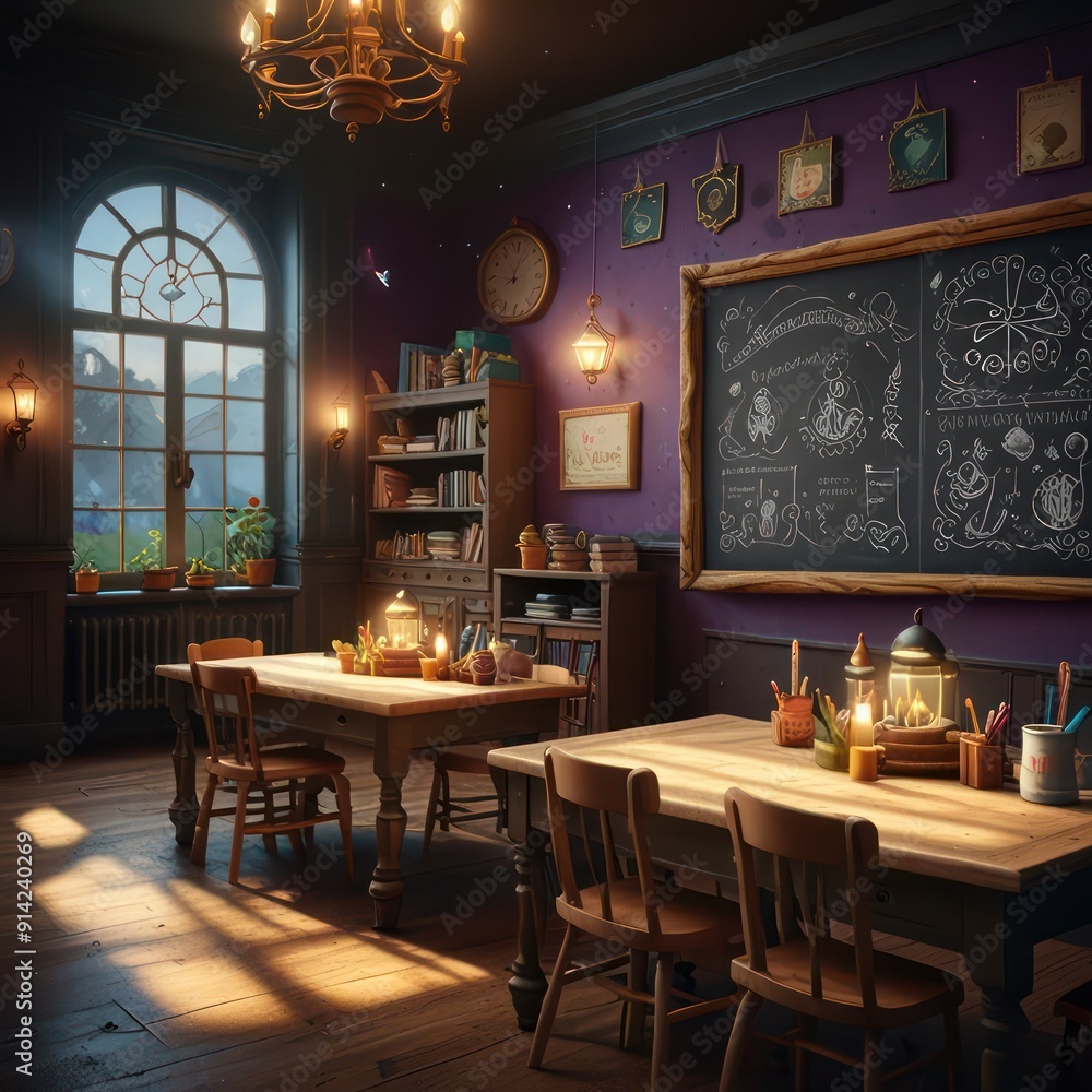 Design a scene inside a magical school, with cartoon students ...