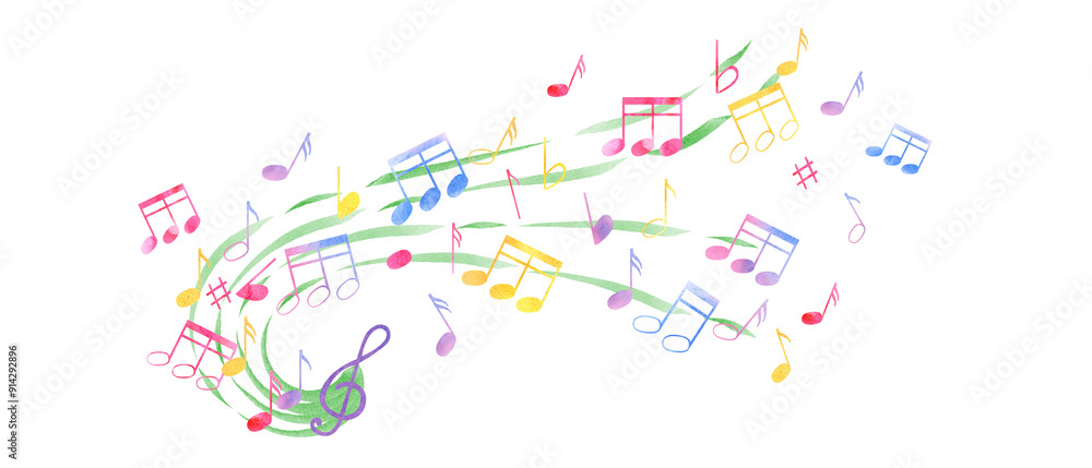 Multicolored music notes, treble clef. Notes flying through the waves ...