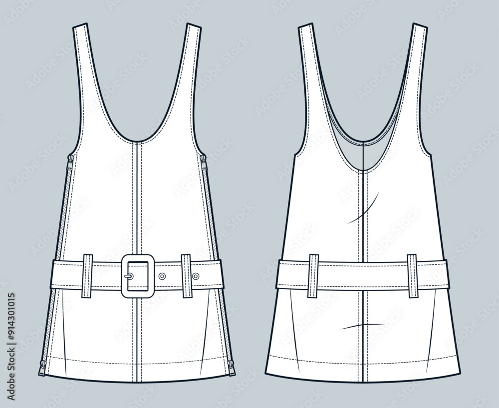 Dungaree Dress technical fashion Illustration. Belted Mini Dress ...