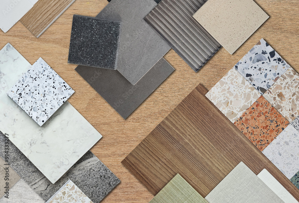 set of interior material sample in top view contains terrazzo stones ...