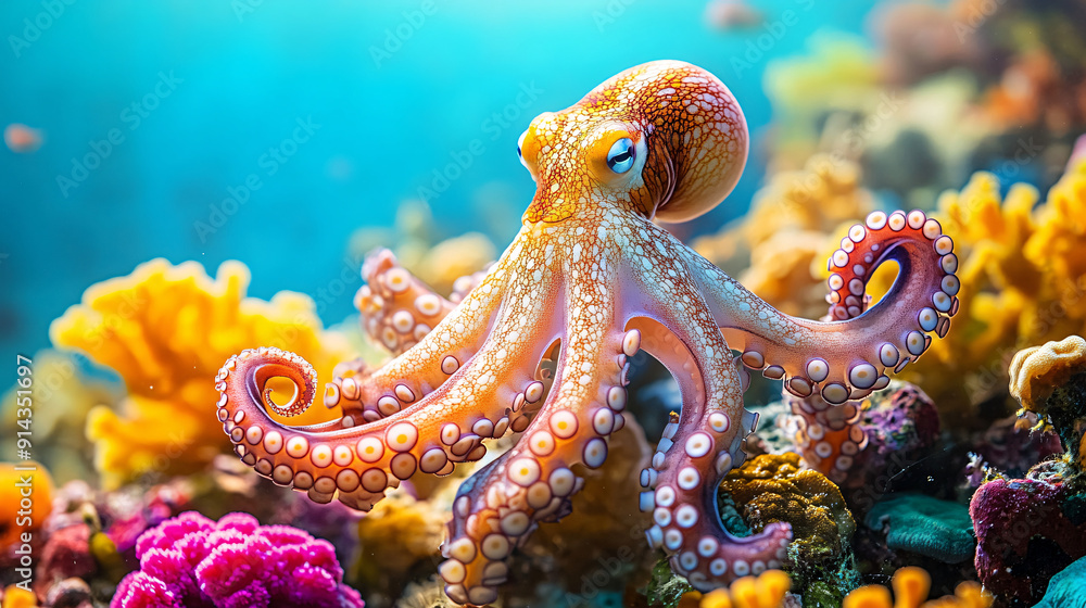 Majestic Octopus in a Colorful Coral Reef with Clear Blue Ocean ...