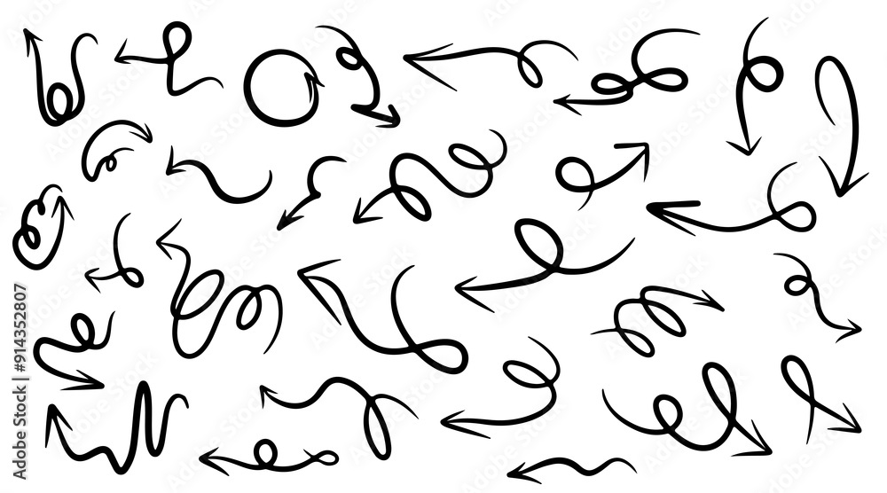 Set of hand drawn various curved lines and arrow curls. Drawing with a ...