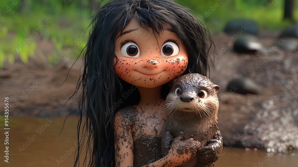 Whimsical Wonder: Animated Poster of a Dark-Haired Girl and Otter ...