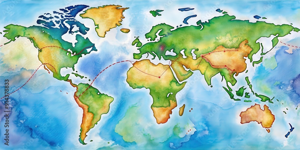 Vibrant watercolor map of Pauls missionary journeys with routes marked ...