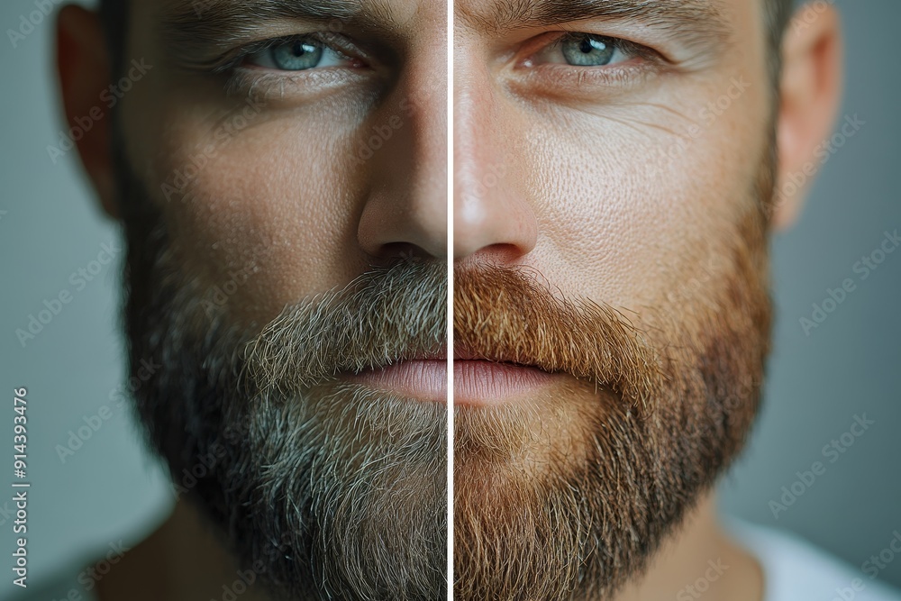 Portrait of a man with one side of his beard fully grown and the other ...