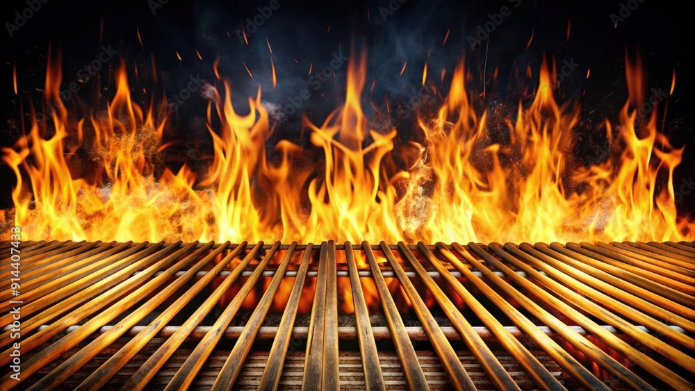 Empty flaming grill grates with open fire ready for product placement ...