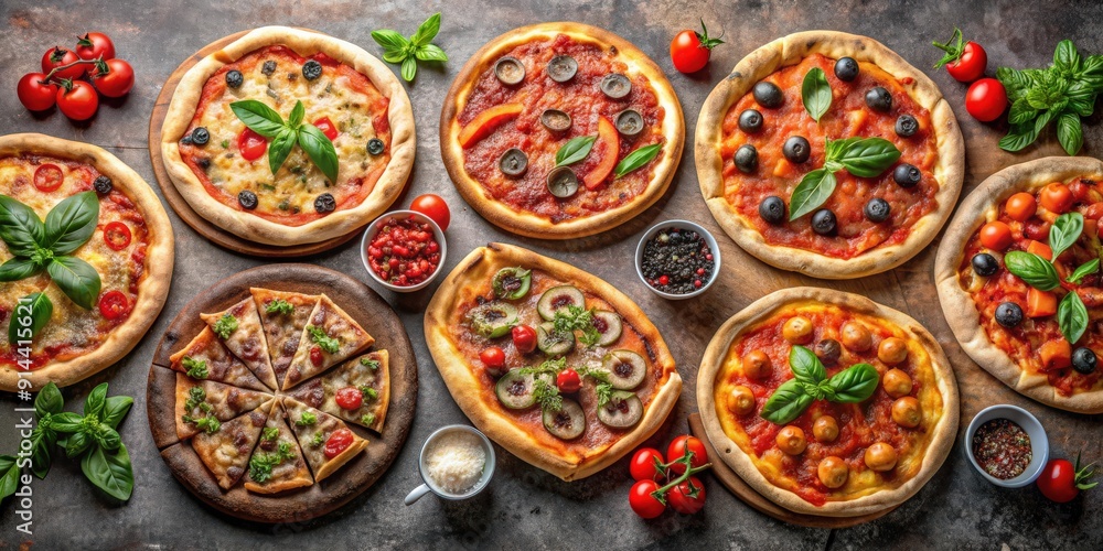 Variety of delicious pizzas on display with various toppings and crusts ...