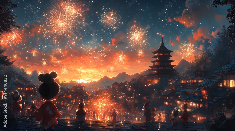 Whimsical Japanese New Year Eve scene with animated characters ...