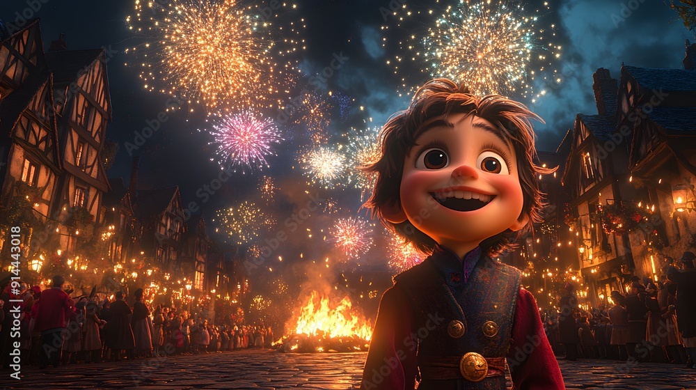 Charming Guy Fawkes Night with animated characters enjoying fireworks ...