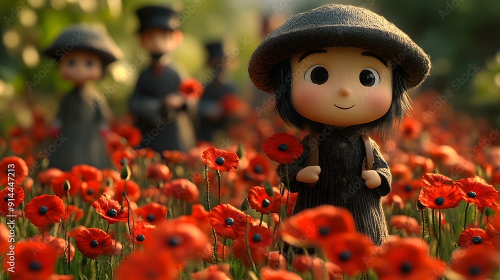 Whimsical Remembrance Day scene with animated characters participating ...